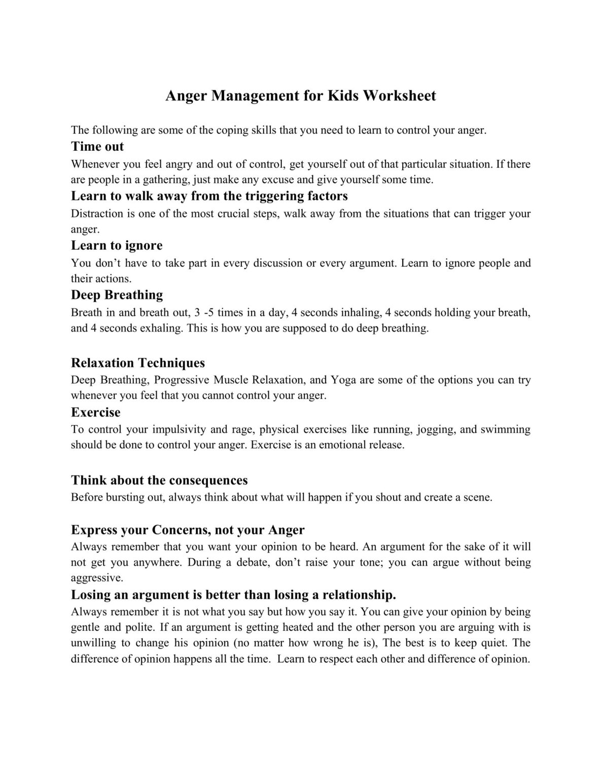 Anger Management For Kids Worksheet Mental Health Worksheets | Anger ...